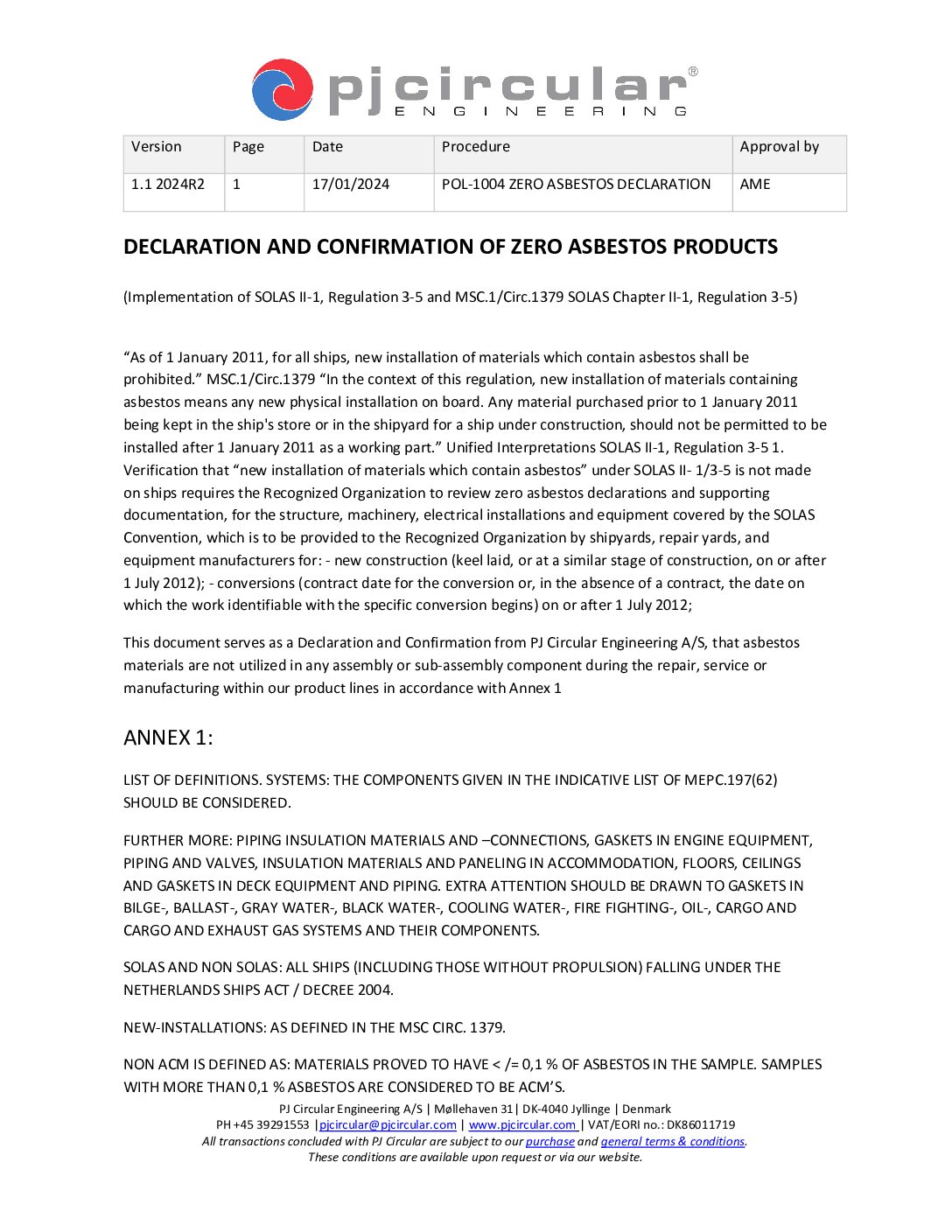 DECLARATION AND CONFIRMATION OF ZERO ASBESTOS PRODUCTS – PJ Circular ...