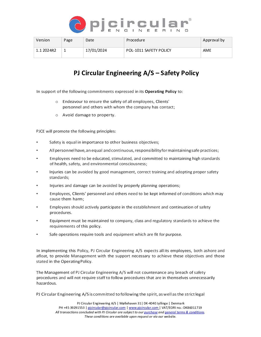 Safety policy – PJ Circular Engineering