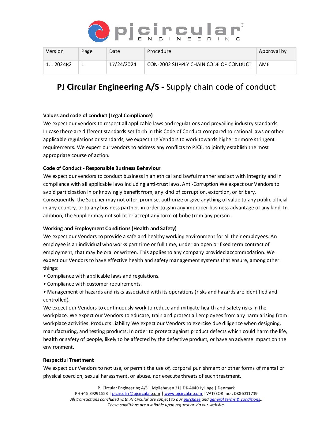 Supply chain code of conduct – PJ Circular Engineering