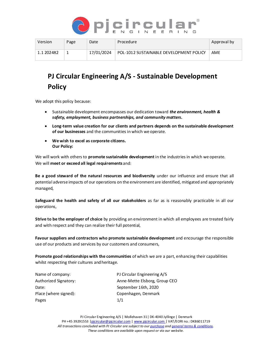 Sustainable Development Policy – PJ Circular Engineering