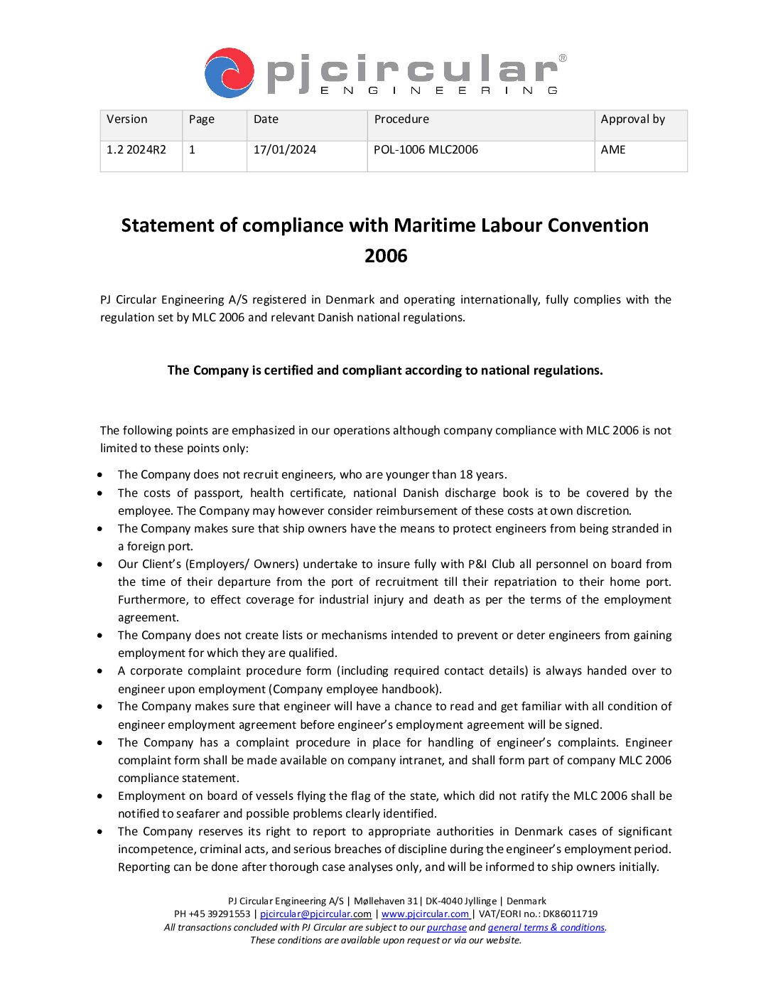 compliance certificate – PJ Circular Engineering